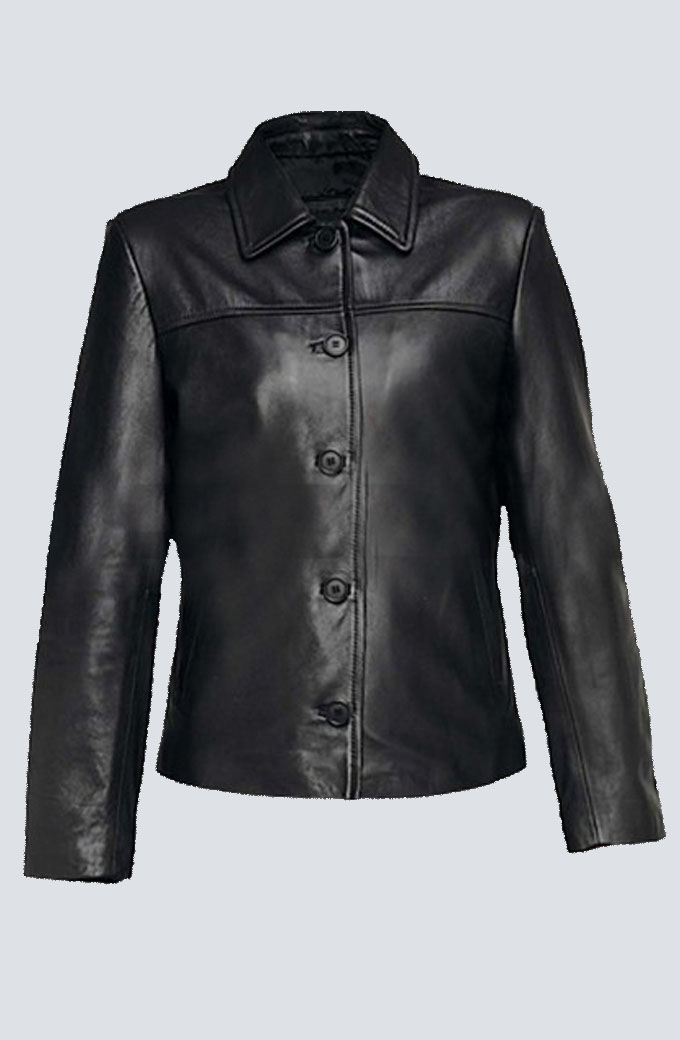Button Closure Women Black Leather Jacket