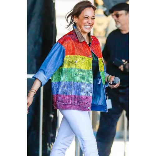 Kamala Harris Gay Pride Flag Rainbow Designer Denim Jacket