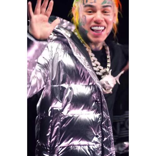 Tekashi Trollz 6ix9ine Metallic Silver Polyester Puffer Jacket